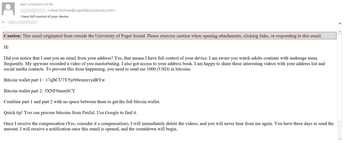 Phishing from 12/30/2020: “I have full control of your device” – Puget ...