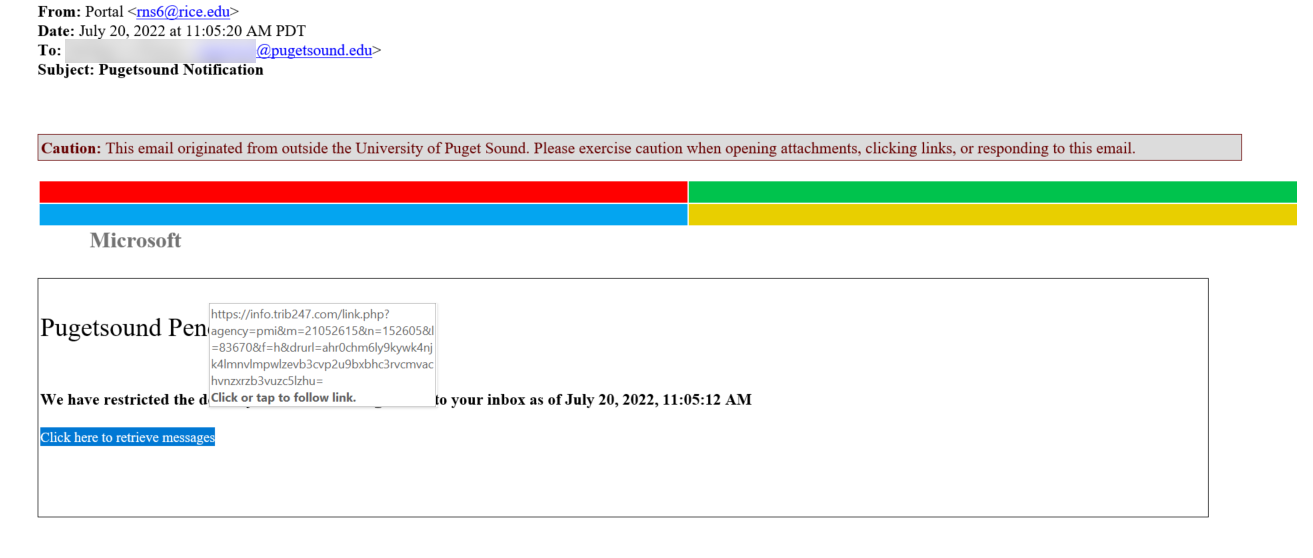 Phishing from 7/20/2022: Pugetsound Notification – Puget Sound ...