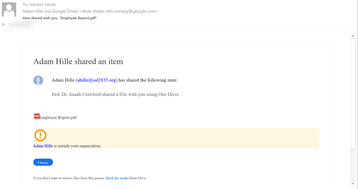 Phishing from 10/6/2022: “Item shared with you: ‘Employee Report.pdf ...