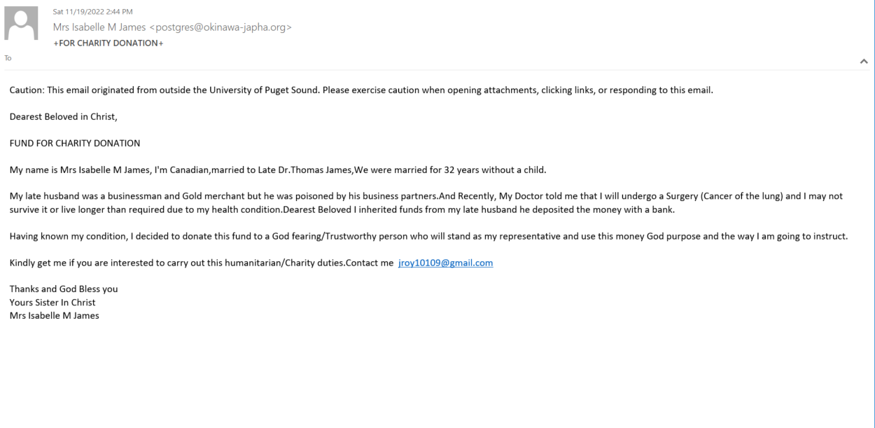 Phishing from 11/29/2022: “+FOR CHARITY DONATION+” – Puget Sound ...
