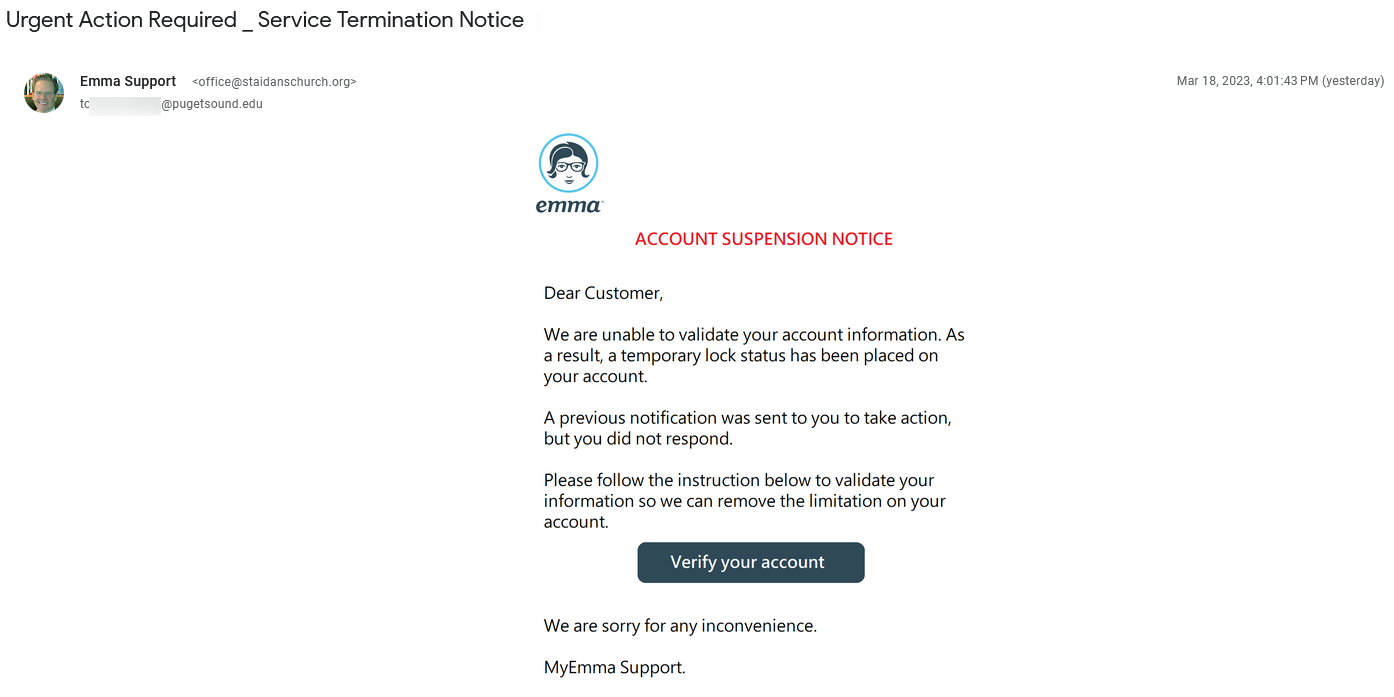 PHISHING FROM 3/18/23: “Urgent Action Required_Service Termination ...
