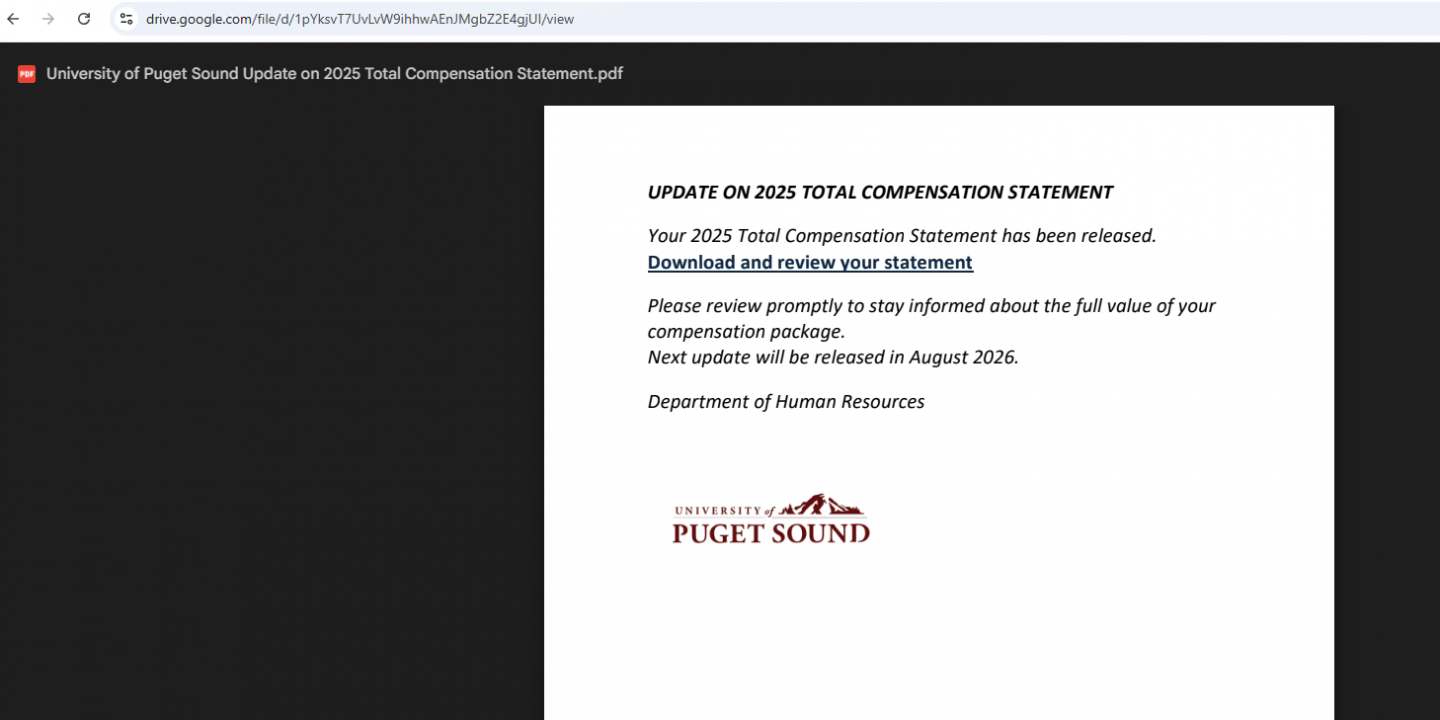 Phishing from 10/21/2025: “University of Puget Sound 2025 Compensation ...
